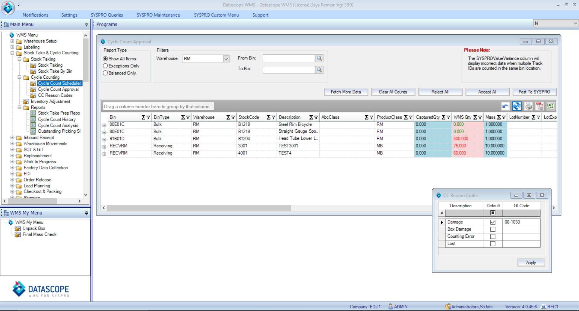 Cycle Counting » Datascope WMS